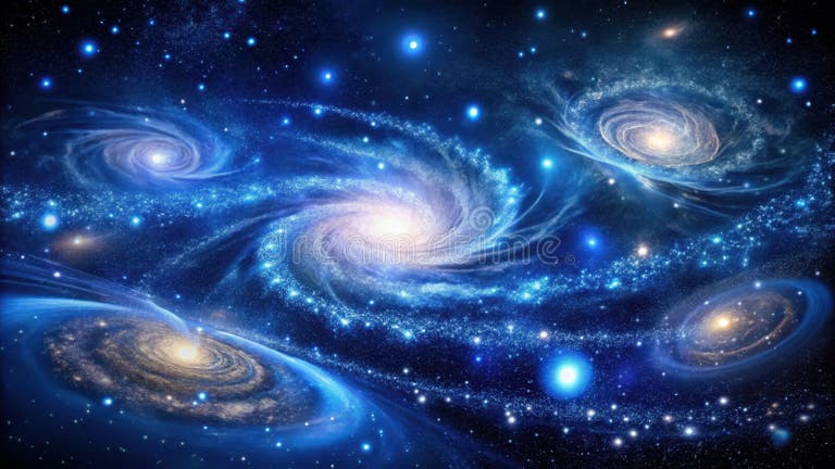 A Celestial Tapestry of Spiral Galaxies and Interstellar Dust Clouds in a Deep Blue Nebula ...