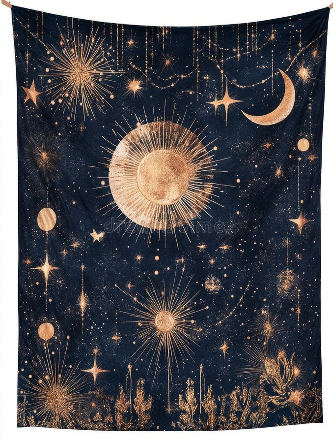 Celestial Tapestry with Star Patterns in Navy Silver Gold Stock ...
