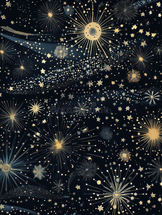 Celestial Tapestry with Star Patterns in Navy Silver Gold Stock ...