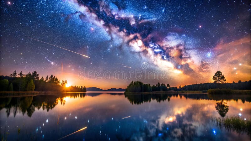 Celestial Tapestry: a Symphony of Shooting Stars Over a Tranquil Lake ...