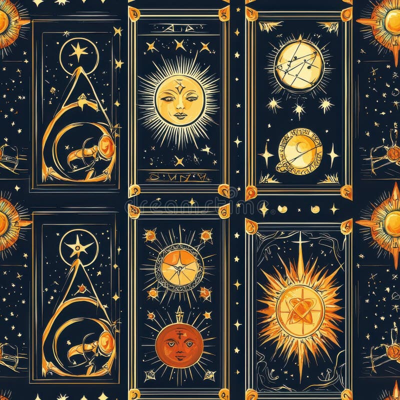Celestial Tarot Card Pattern with Sun, Moon, and Star Illustrations ...