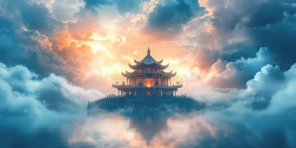Celestial Temple Asian Architecture in a Dreamlike Sky Stock ...