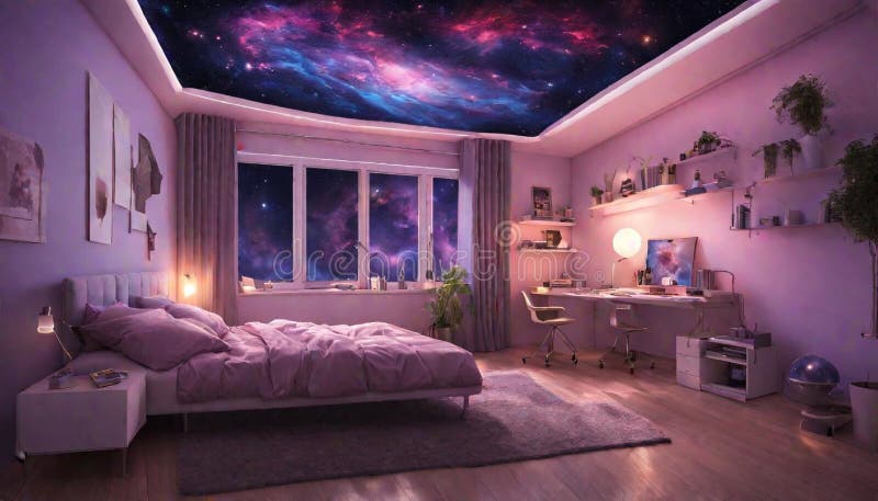 A Celestial-themed Bedroom with Neon Lights Resembling a Cosmic Stock ...