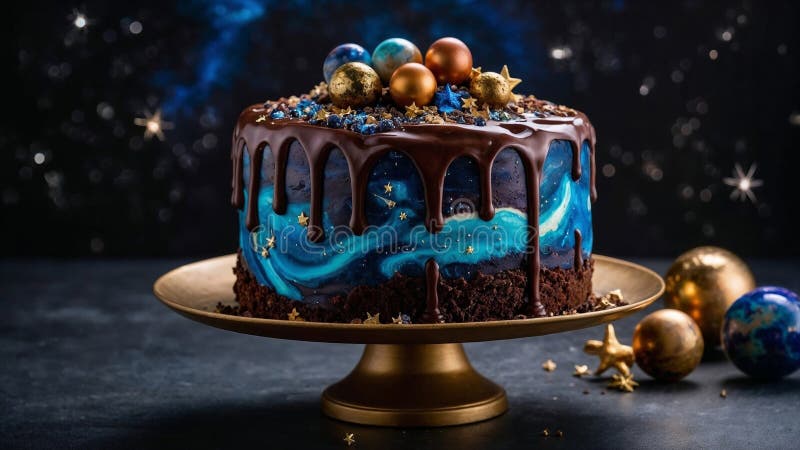 Celestial-themed Cake with Chocolate Drip and Planet Decorations on ...