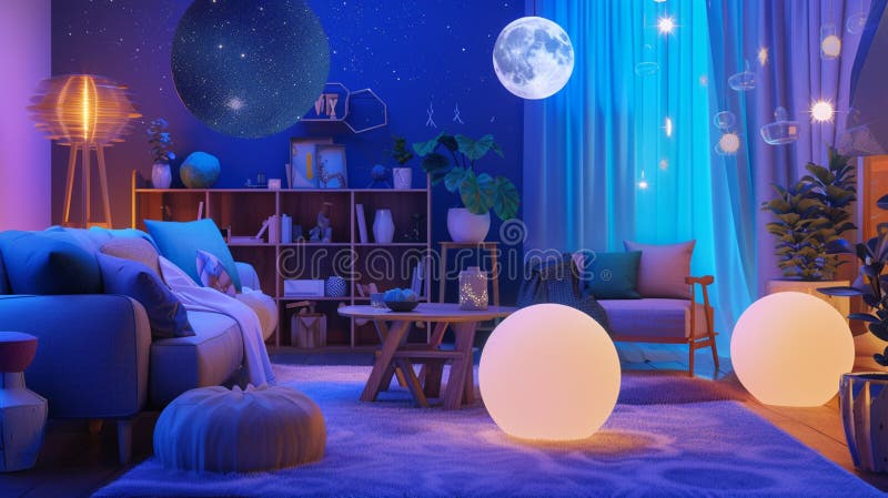 A Celestial Themed Living Room with Cosmic Colors, Starry Patterns, and ...
