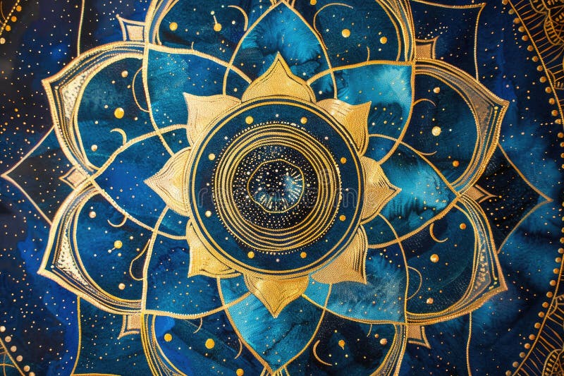 A Celestial-themed Mandala with Intricate Geometric Patterns and Gold ...