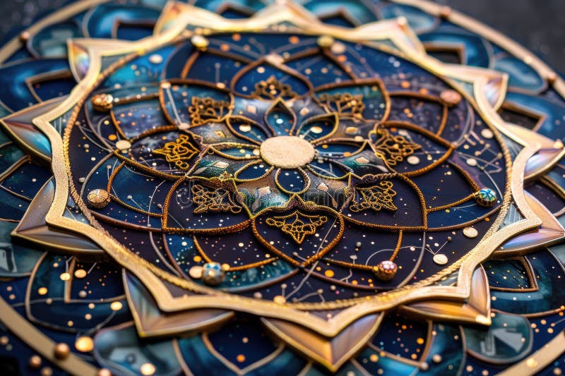 A Celestial-themed Mandala with Intricate Geometric Patterns and Gold ...