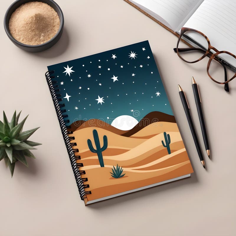 Celestial-Themed Notebook Mockup with Starlit Desert Design Stock ...