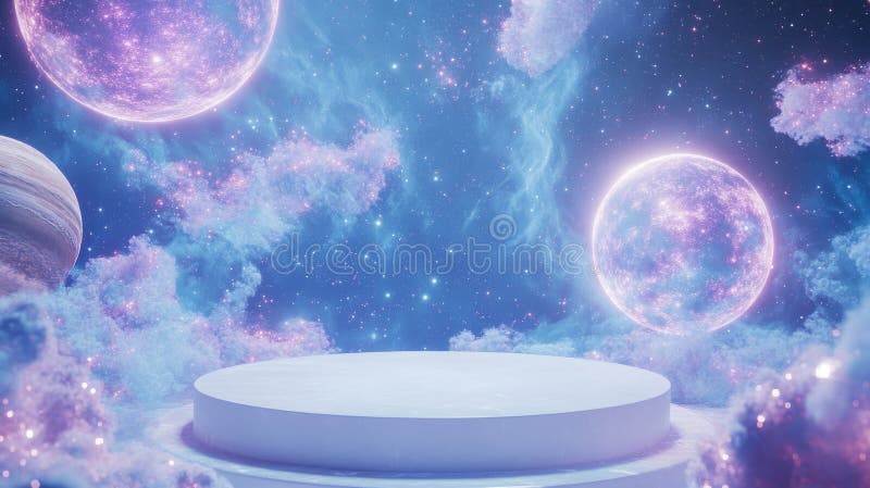 Celestial Themed Presentation Podium with Glowing Planets and Cosmic ...