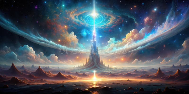 Celestial Tower on a Fantasy World, Illuminated by Cosmic Energy and ...