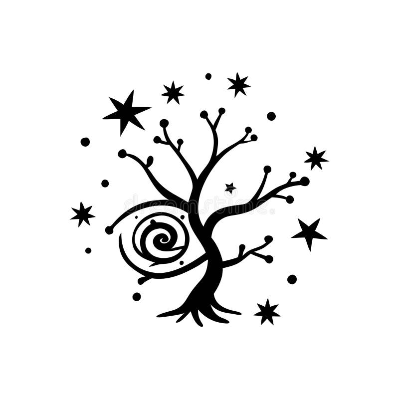 Celestial Tree of Life: Black Silhouette of Tree, Stars, and Spiral ...