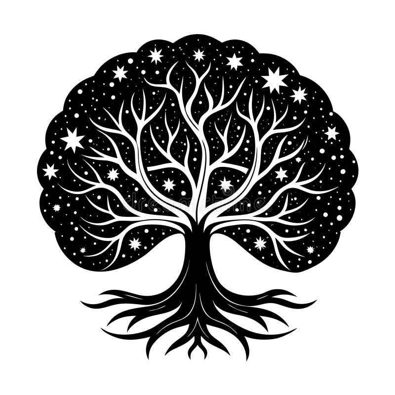 Celestial Tree of Life with Stars and Dots, Black and White Design ...