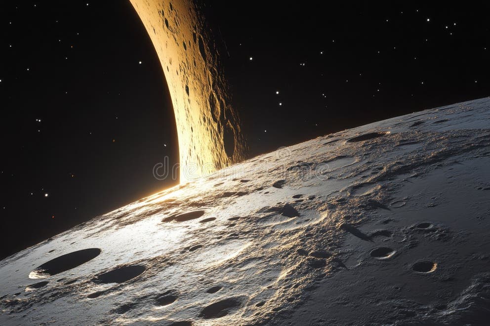 Celestial View of a Moon S Surface with a Planet Rising in the ...