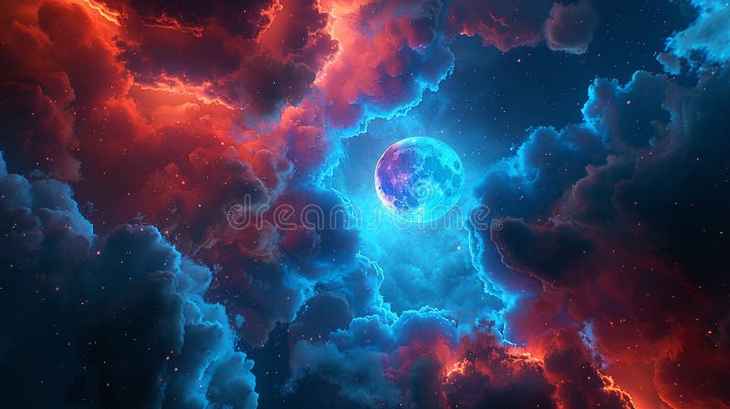 A Celestial View with Neon Blue and Red Clouds Swirling Around a Glowing Moon Stock Illustration ...