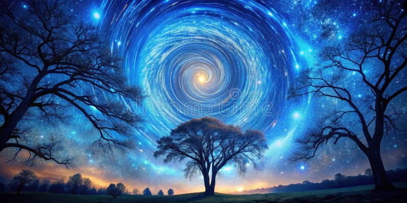 Celestial Vortex Above a Tranquil Landscape with Silhouetted Trees ...