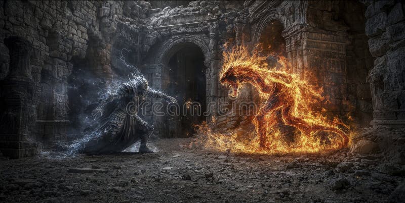 Celestial Warrior Battles Elemental Fire in Ancient Ruins Fantasy Art ...