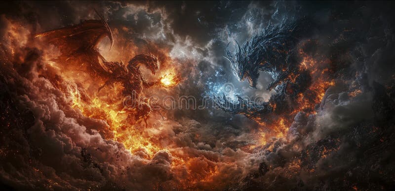 Celestial Warrior Faces Demonic Fire Dragon Epic Battle in a Fiery Sky ...
