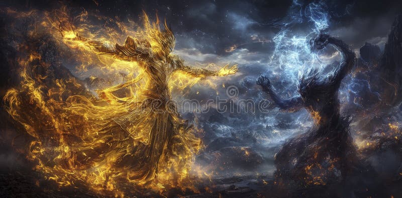 Celestial Warrior Vs. Elemental Guardian Epic Fantasy Battle Digital ...
