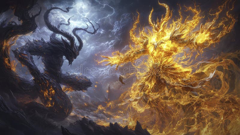 Celestial Warrior Vs. Shadow Beast Mythical Realm Digital Art Dramatic ...