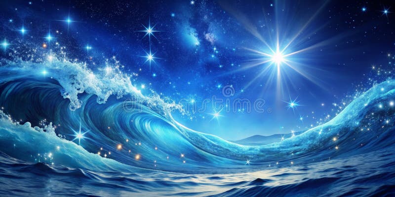 Celestial Waves, Digital Art, Starry Night Sky, Ocean Waves, Bright ...