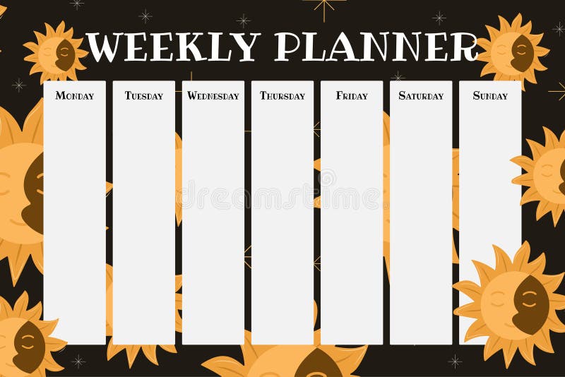 Celestial Weekly Planner Template with Sun and Moon Face Pattern on Dark Background in Boho ...