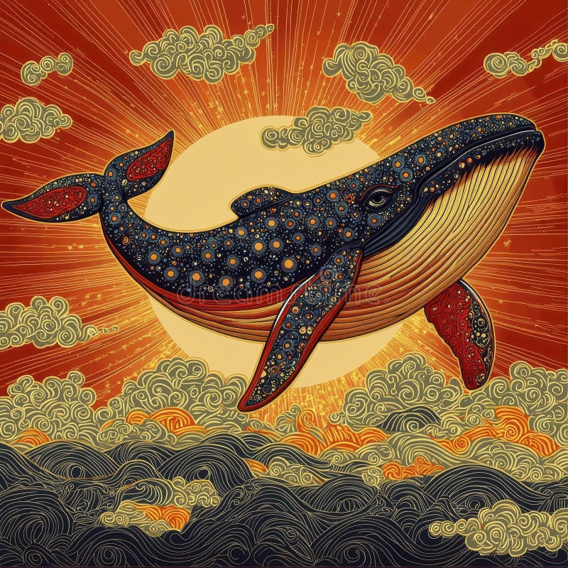 Celestial Whale Soaring through a Vibrant Sunset Stock Illustration ...