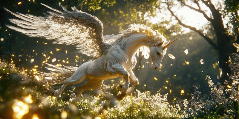 A Celestial White Pegasus with Wings Outstretched Flying through the ...