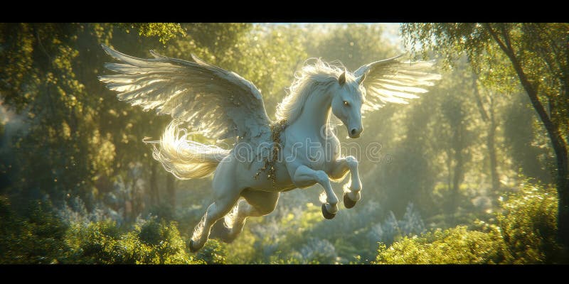 A Celestial White Pegasus with Wings Outstretched Flying through the ...