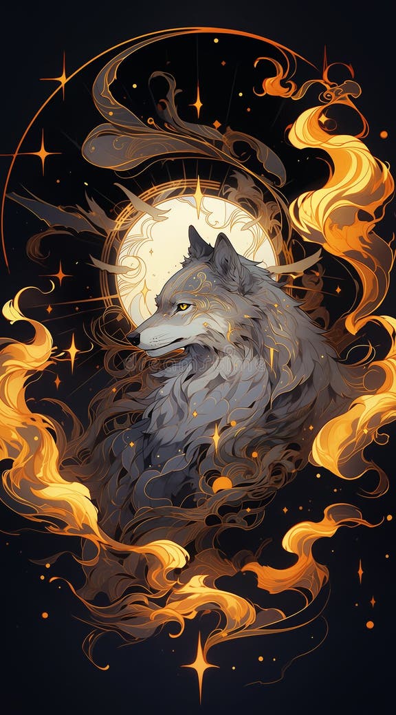 Celestial Wolf with Ornamental Background. Stock Illustration ...
