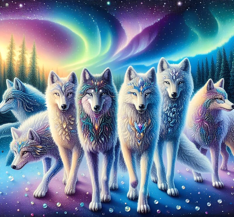 Celestial Wolf Pack Underneath Vibrant Aurora Sky Stock Photo - Image of lights, mystical: 339233334