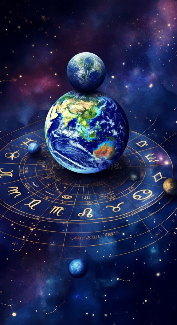 Celestial Zodiac Chart with Planets and Earth in Cosmic Space Stock ...