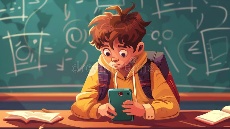 Cell Phone Addiction, Student Networking instead of Learning, Cartoon ...