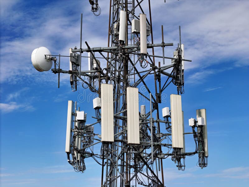 Cell Phone Antenna Array Mounted Midway Up on a Tower Stock Photo ...
