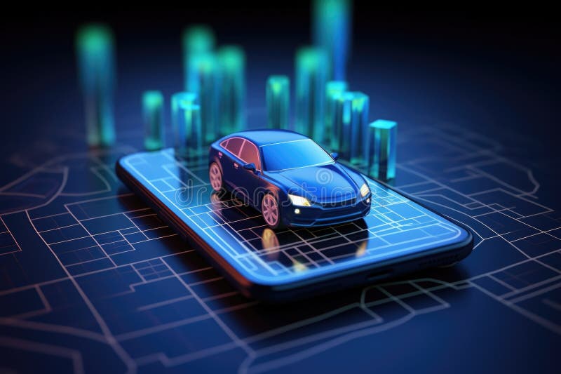 A Cell Phone with a Blue Toy Car on Top. Suitable for Technology and ...