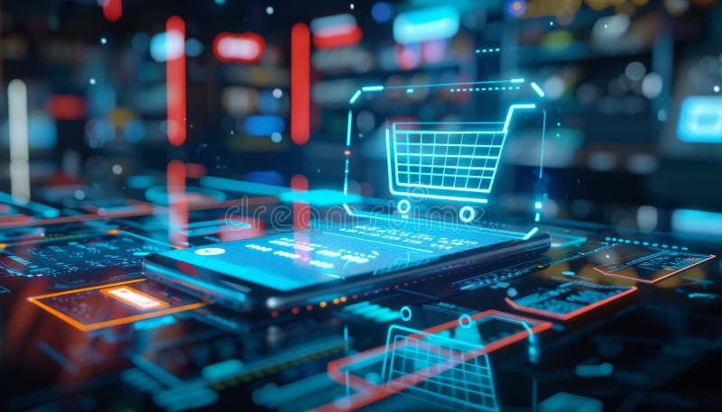 A Cell Phone is Displayed on a Computer Screen with a Shopping Cart ...