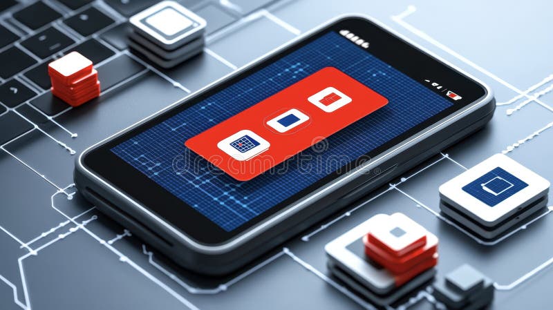 A Cell Phone is Displayed on a Table with a Blue Background Stock ...