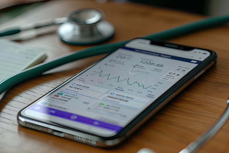 A Cell Phone with a Graph on Screen on Table Next To Stethoscope Stock ...