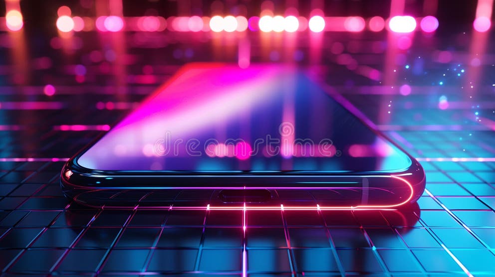 A Cell Phone on a Grid Floor Emits a Bright Neon Light Stock Image ...