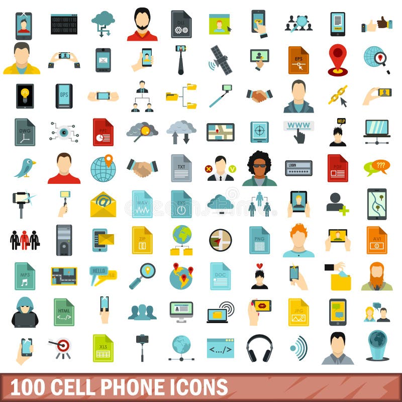 100 Cell Phone Icons Set, Flat Style Stock Vector - Illustration of ...
