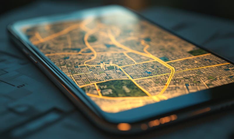 A Cell Phone with a Map of a City on the Screen Stock Illustration ...