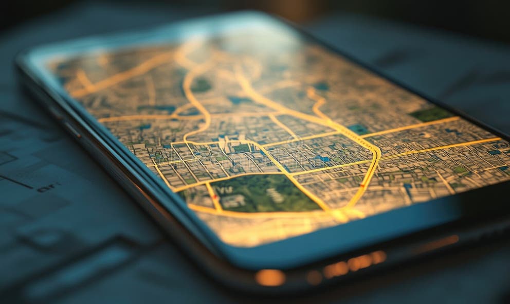 A Cell Phone with a Map of a City on the Screen Stock Illustration ...