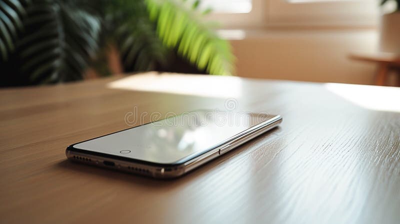Cell Phone Sitting on a Table with a Plant in the Background Stock ...
