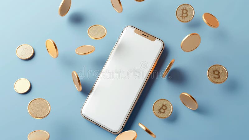 Cell Phone Surrounded by Gold Coins on Azure Surface Stock Illustration ...