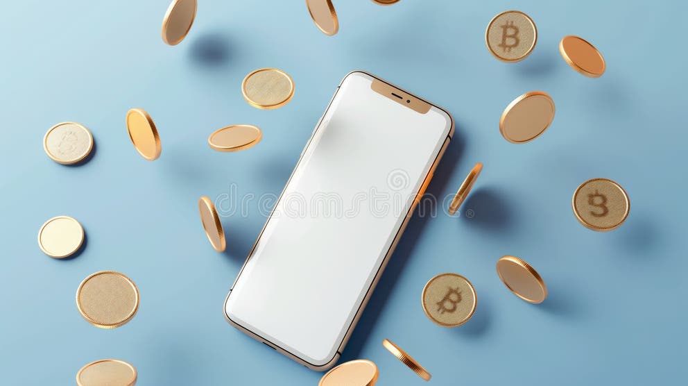 Cell Phone Surrounded by Gold Coins on Azure Surface Stock Illustration ...