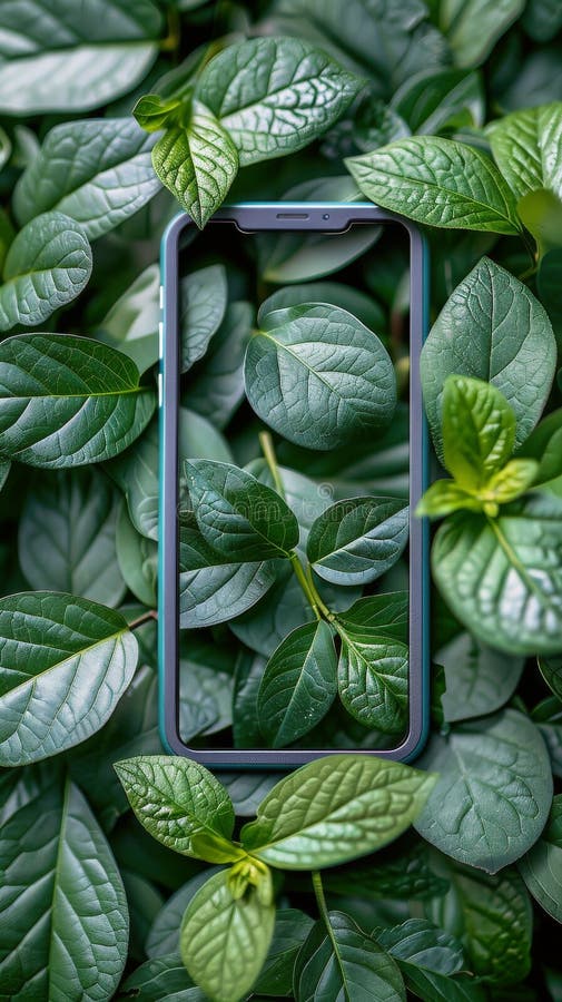 Cell Phone Surrounded by Green Leaves Stock Image - Image of ...