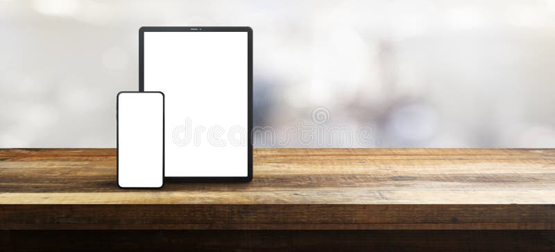 Cell Phone and Tablet on a Table with White Screen Stock Illustration ...