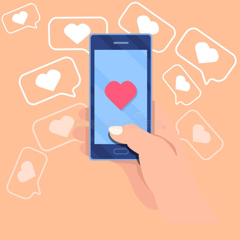 Cell Phone with Touching Hand and Hearts Stock Vector - Illustration of ...