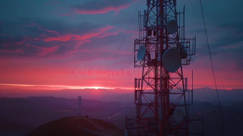 A Cell Phone Tower Stands Against a Beautiful Sunset Backdrop Stock ...
