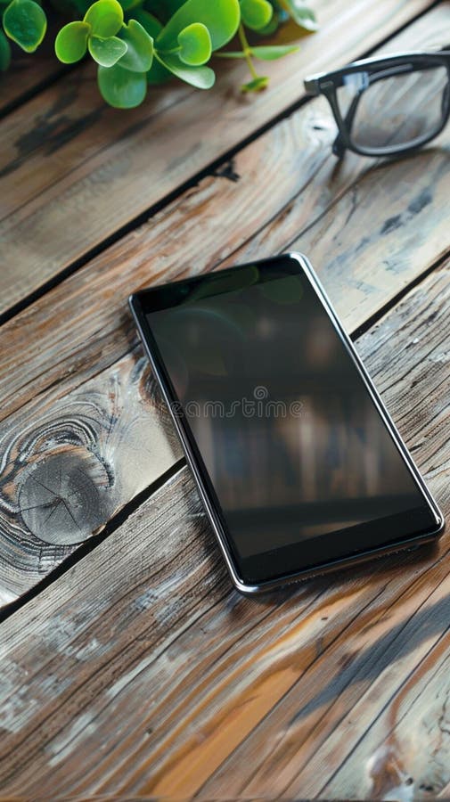 Cell Phone in Use on Wood Table with Text Space Stock Illustration ...