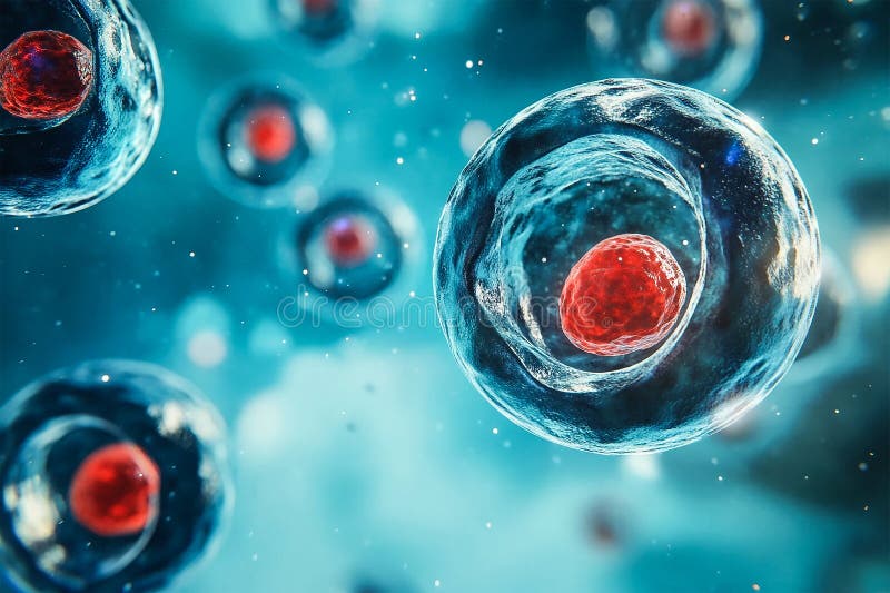 Cell Structures Float in a, Blue Background, with a Spherical Red ...